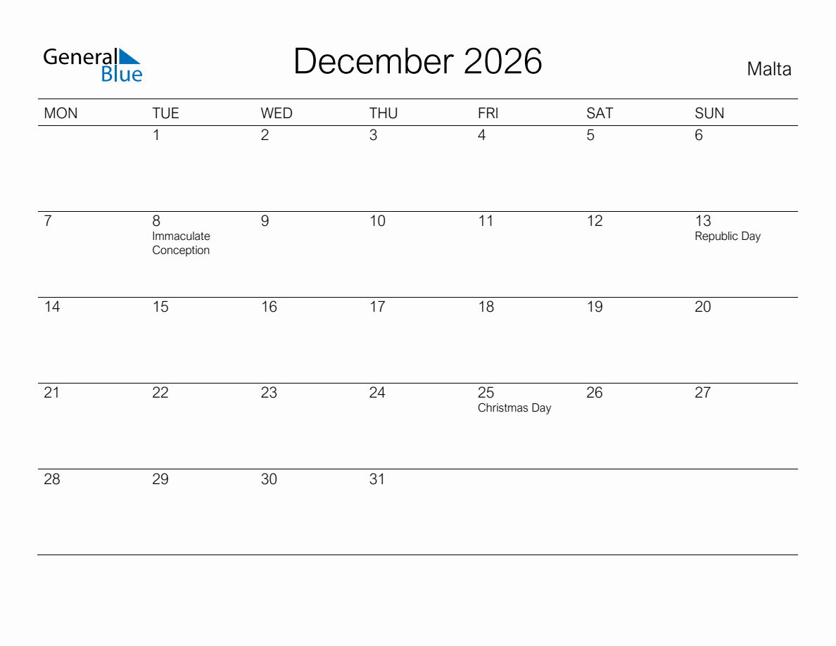 Printable December 2026 Monthly Calendar with Holidays for Malta ...