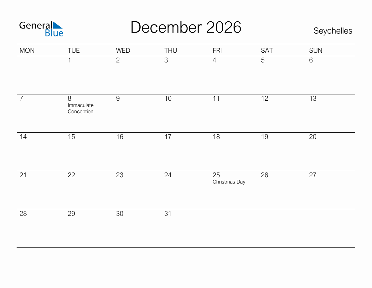 Printable December 2026 Monthly Calendar with Holidays for Seychelles ...