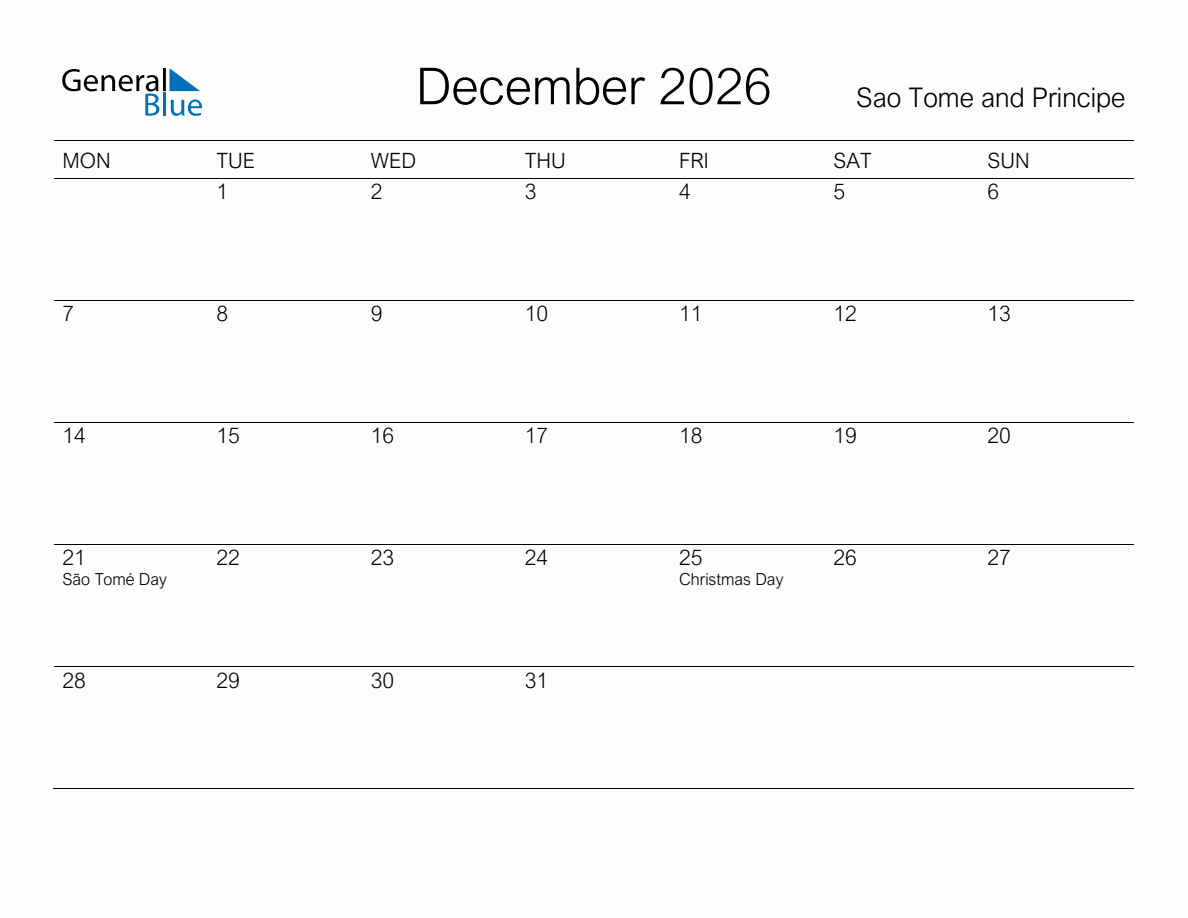 Printable December 2026 Monthly Calendar with Holidays for Sao Tome and ...