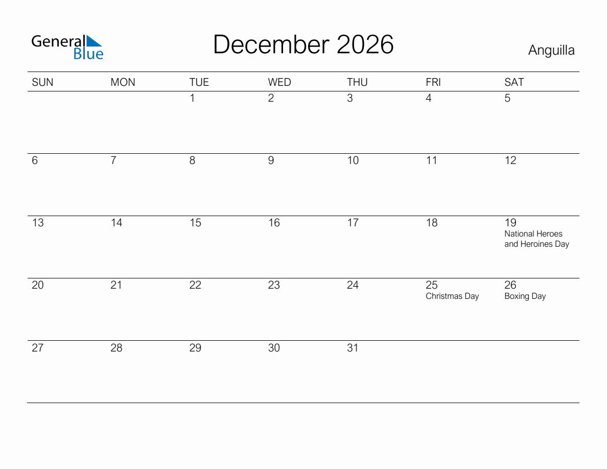 Printable December 2026 Monthly Calendar with Holidays for Anguilla