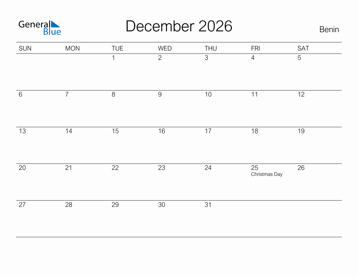 Printable December 2026 Monthly Calendar with Holidays for Benin