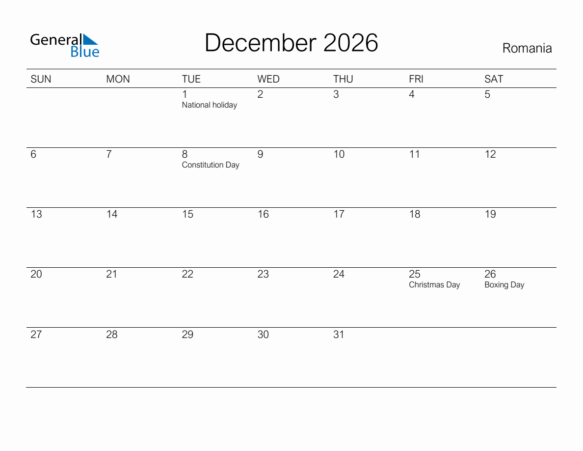 Printable December 2026 Monthly Calendar with Holidays for Romania