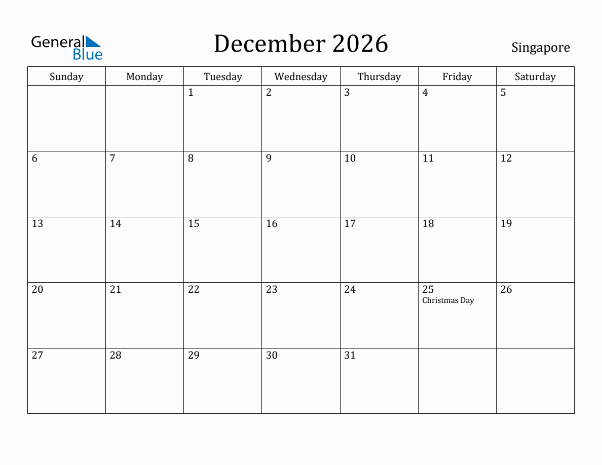 December 2026 Monthly Calendar with Singapore Holidays