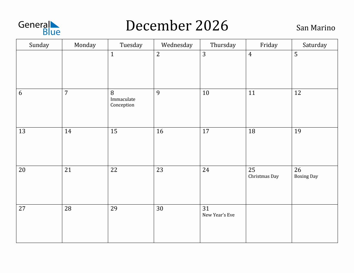 December 2026 Monthly Calendar with San Marino Holidays