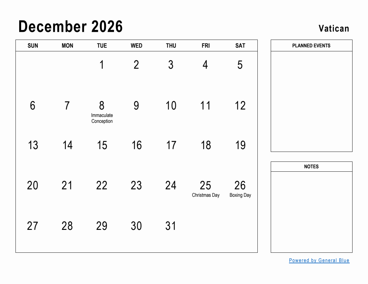 December 2026 Planner with Vatican Holidays