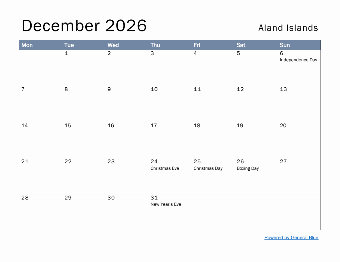 Free Monthly Calendar Template for December 2026 with Aland Islands ...