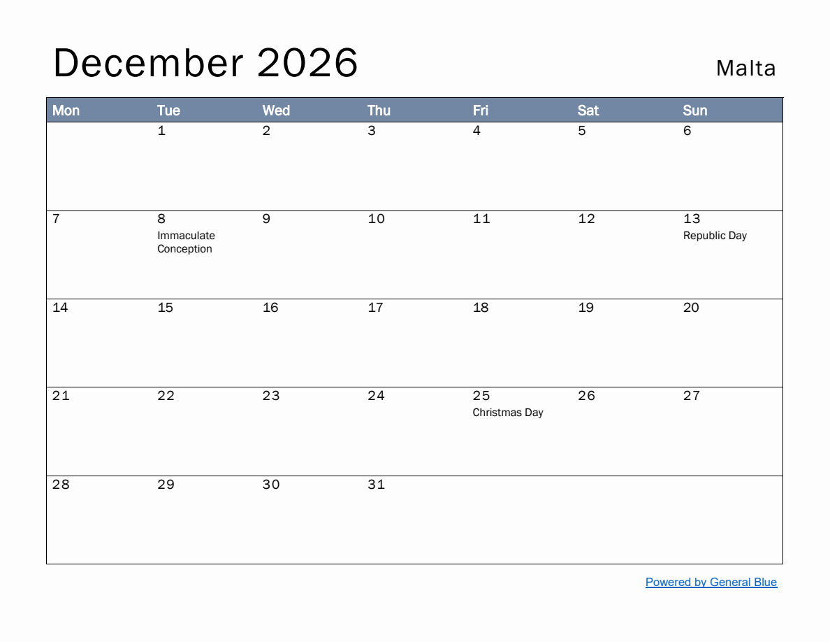 Free Monthly Calendar Template for December 2026 with Malta Holidays
