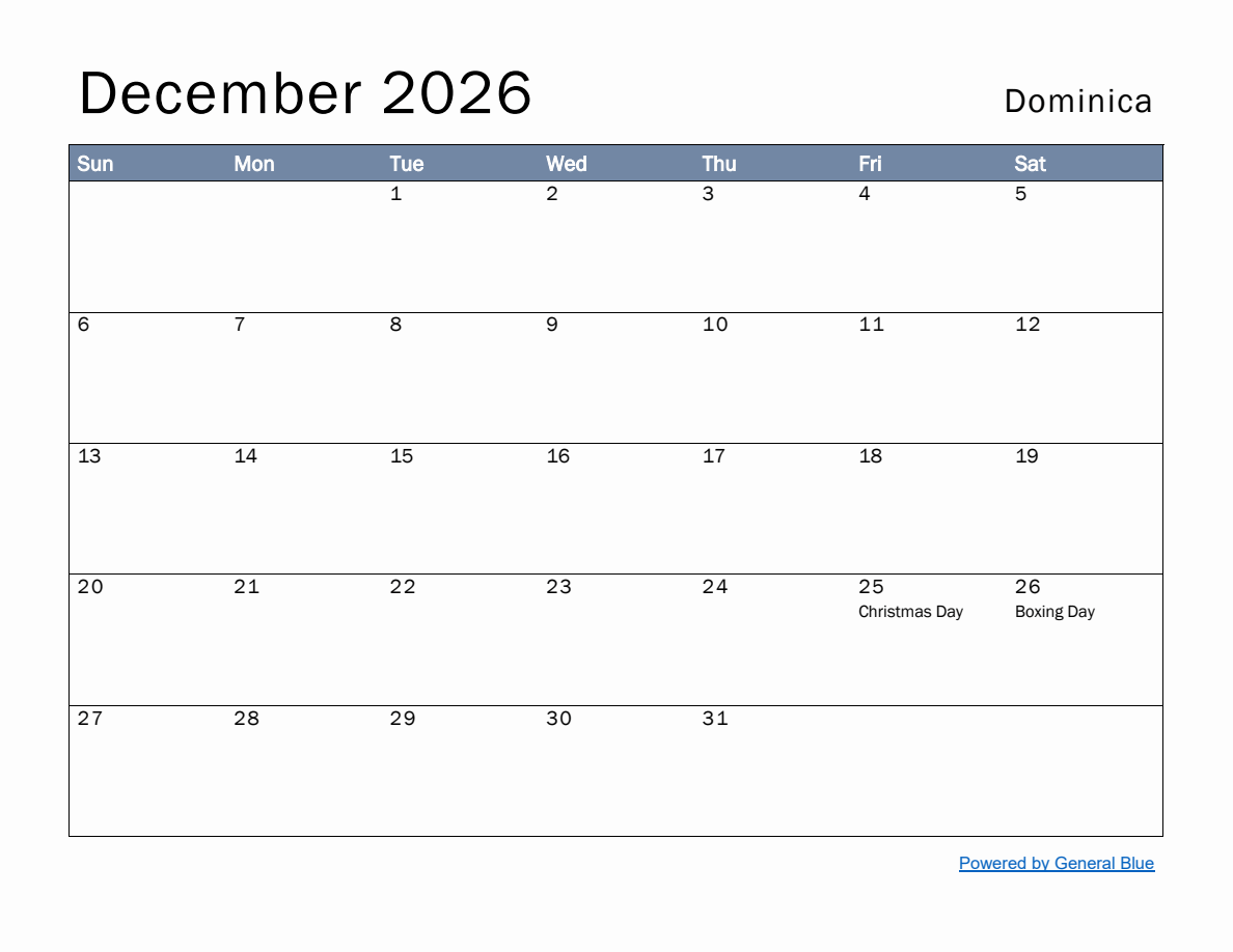 Free Monthly Calendar Template for December 2026 with Dominica Holidays