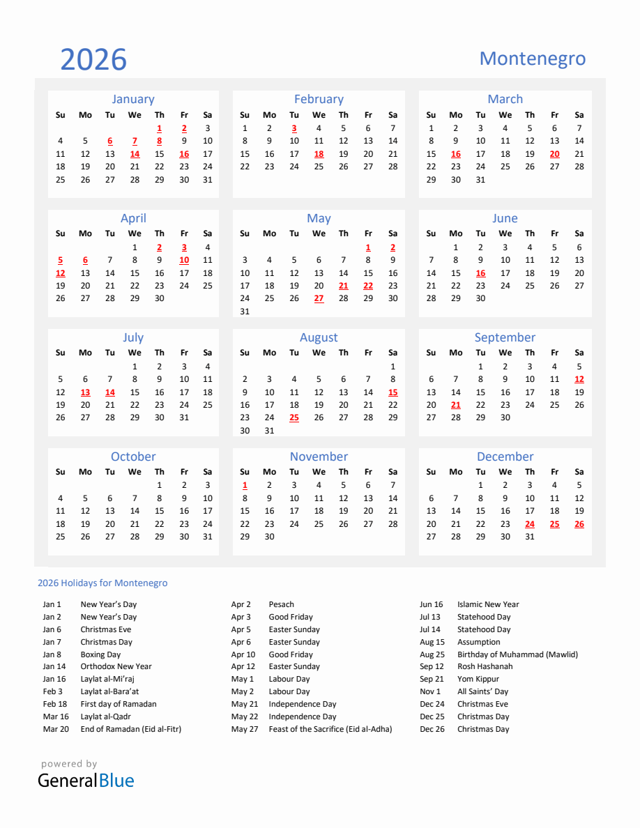 Basic Yearly Calendar with Holidays in Montenegro for 2026