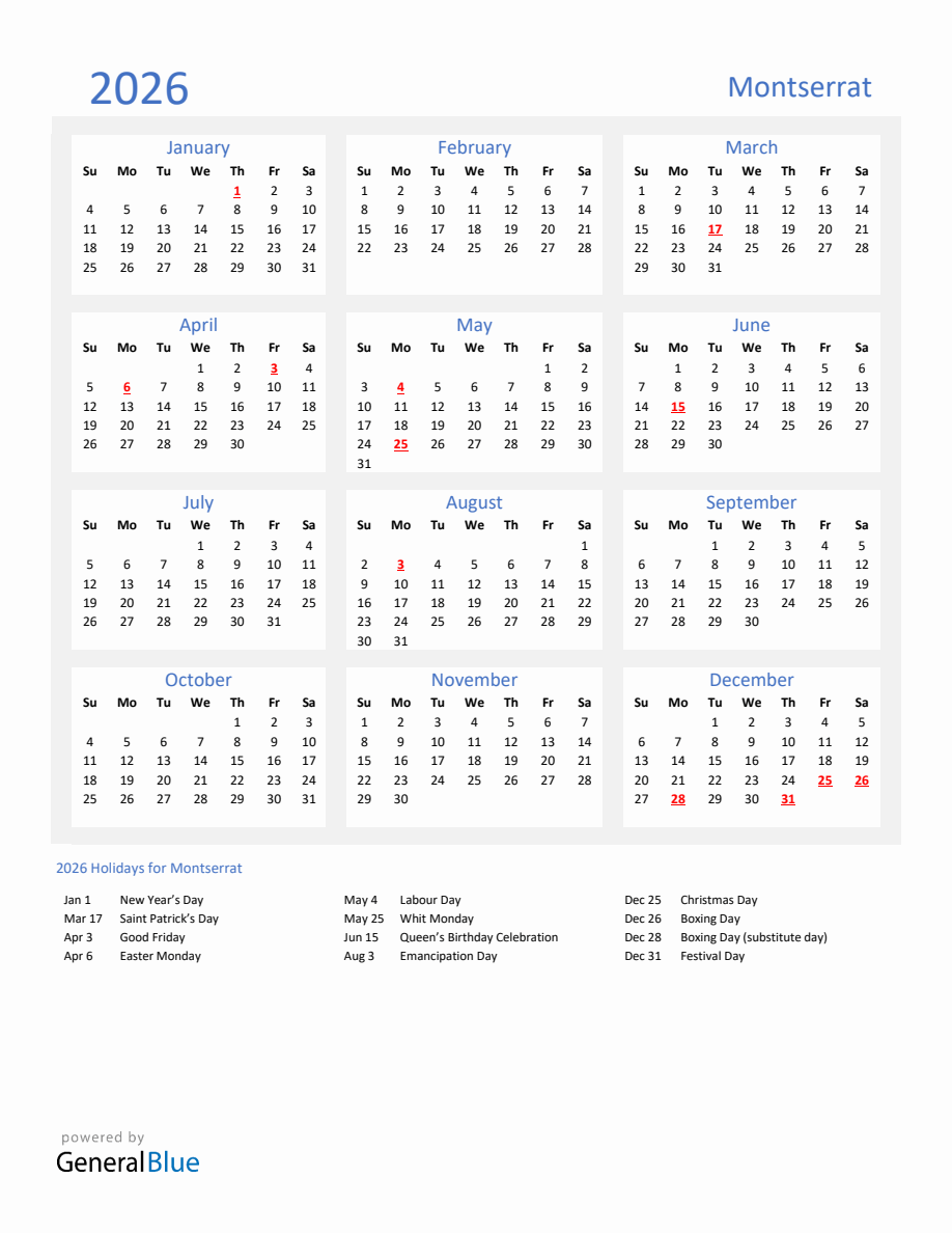 Basic Yearly Calendar with Holidays in Montserrat for 2026