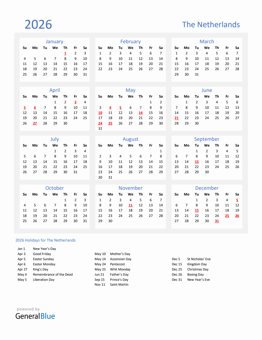 Basic Yearly Calendar with Holidays in The Netherlands for 2026