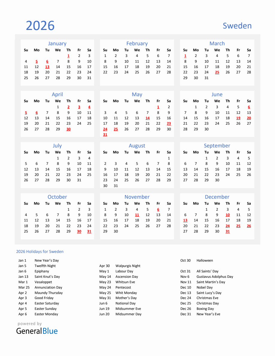 Basic Yearly Calendar with Holidays in Sweden for 2026
