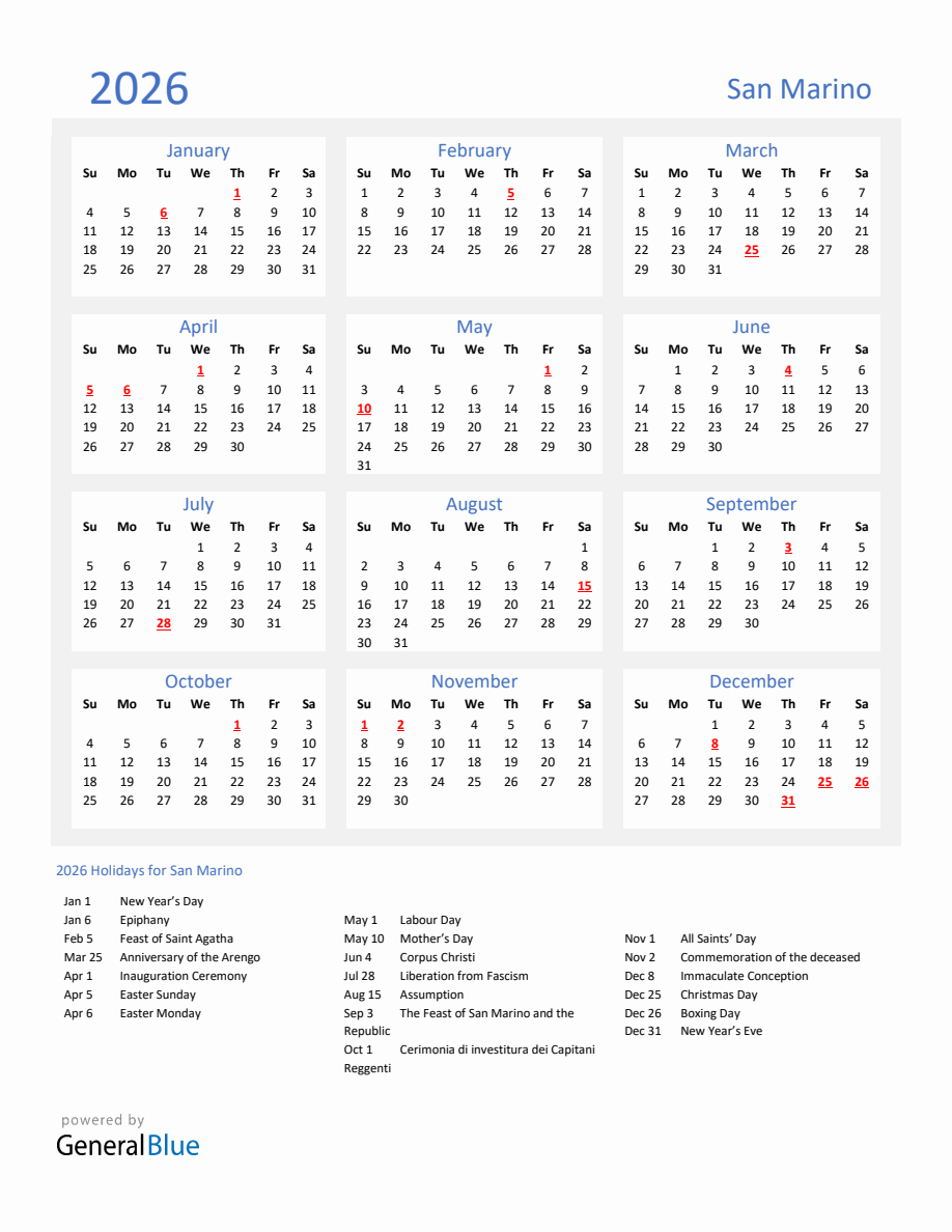 Basic Yearly Calendar with Holidays in San Marino for 2026