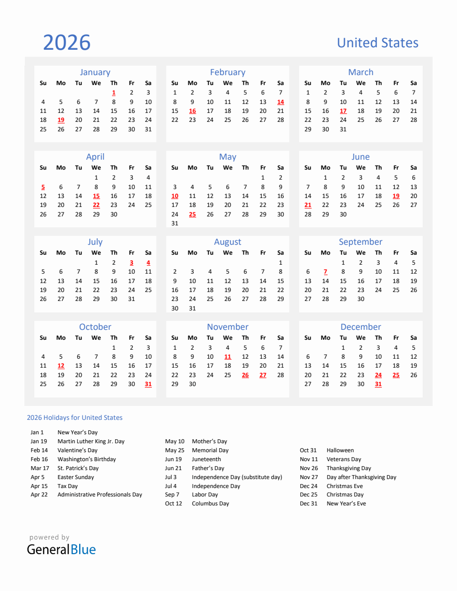 Basic Yearly Calendar with Holidays in United States for 2026