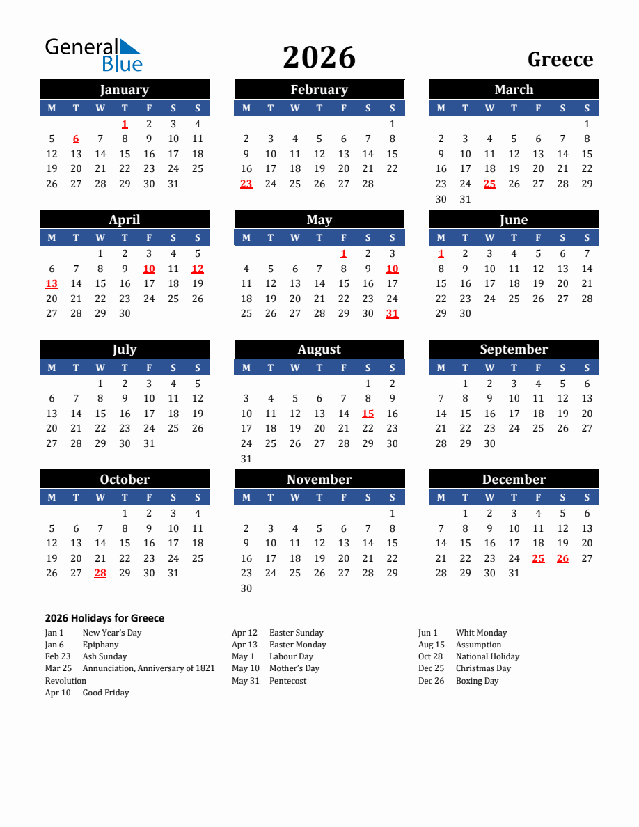 2026 Greece Holiday Calendar - Monday Start