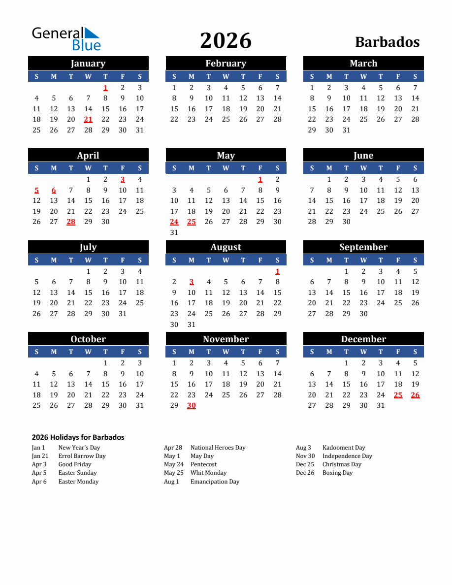 2026 Barbados Holiday Calendar