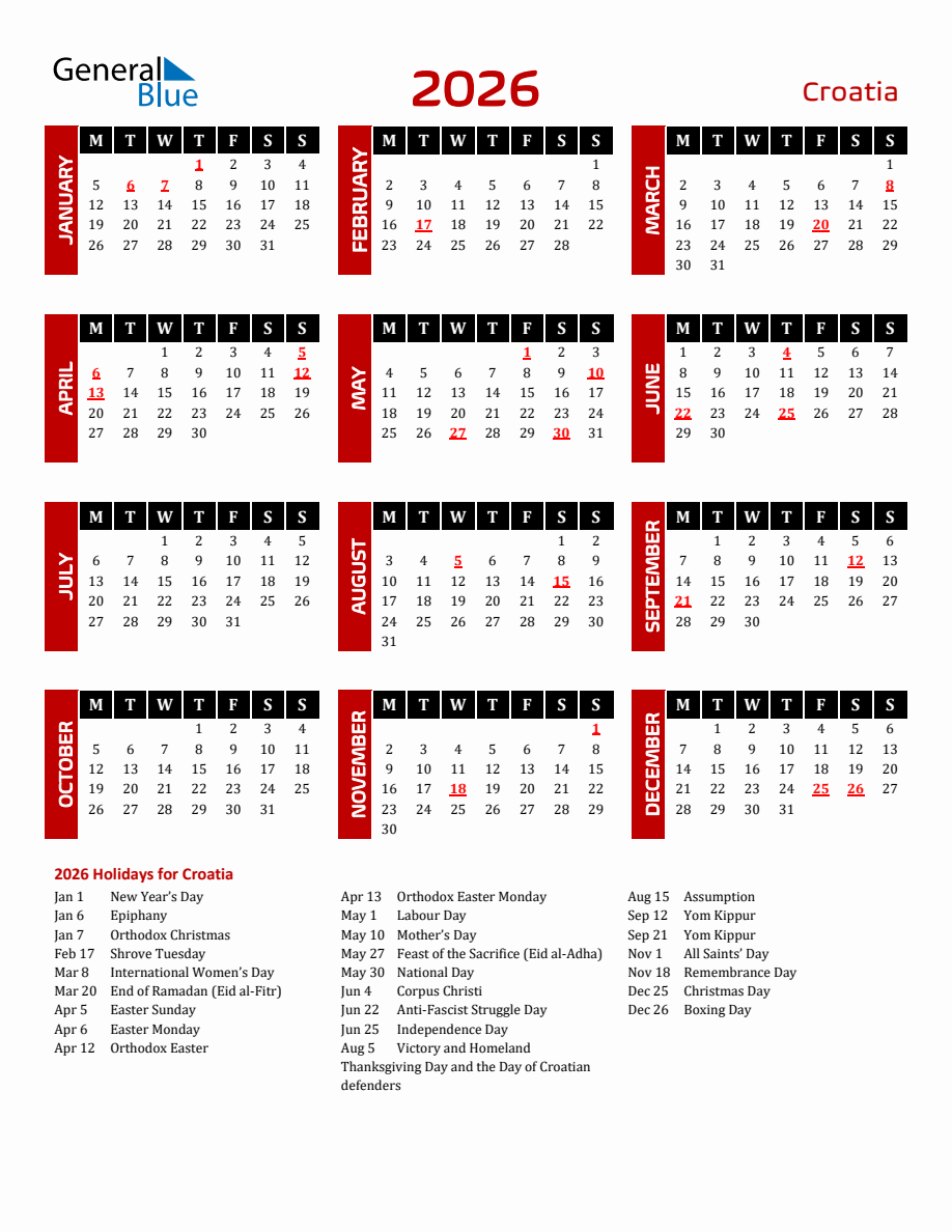 Croatia 2026 Yearly Calendar Downloadable - Monday Start