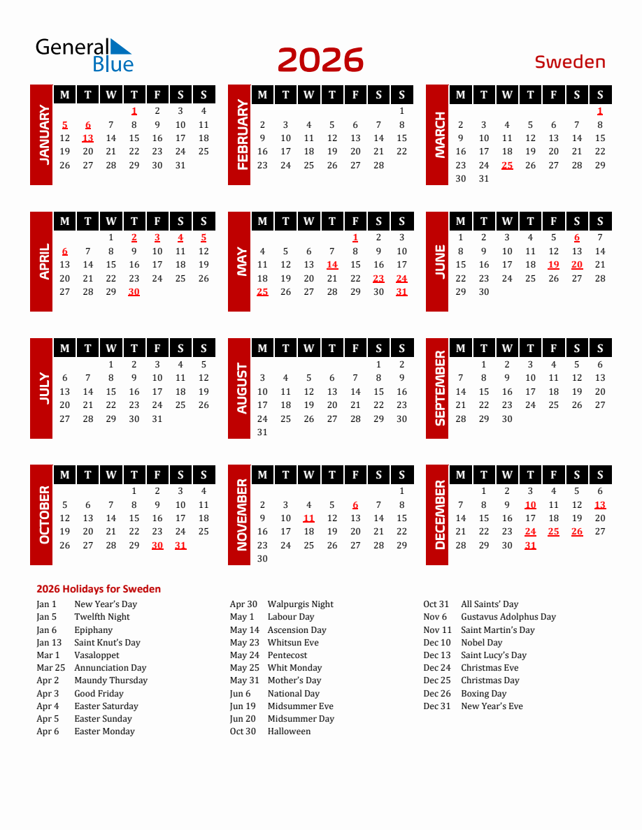 Sweden 2026 Yearly Calendar Downloadable - Monday Start