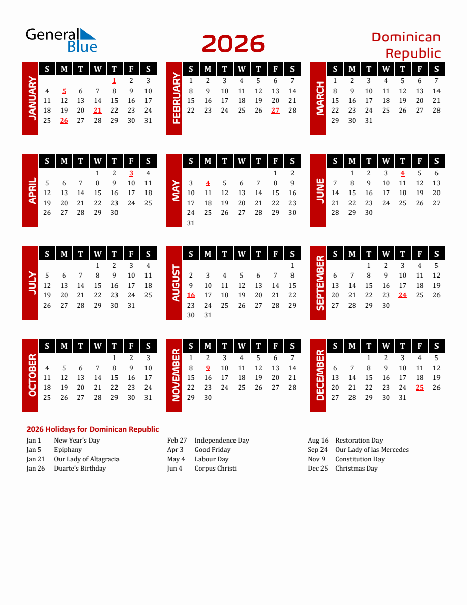 Dominican Republic 2026 Yearly Calendar Downloadable