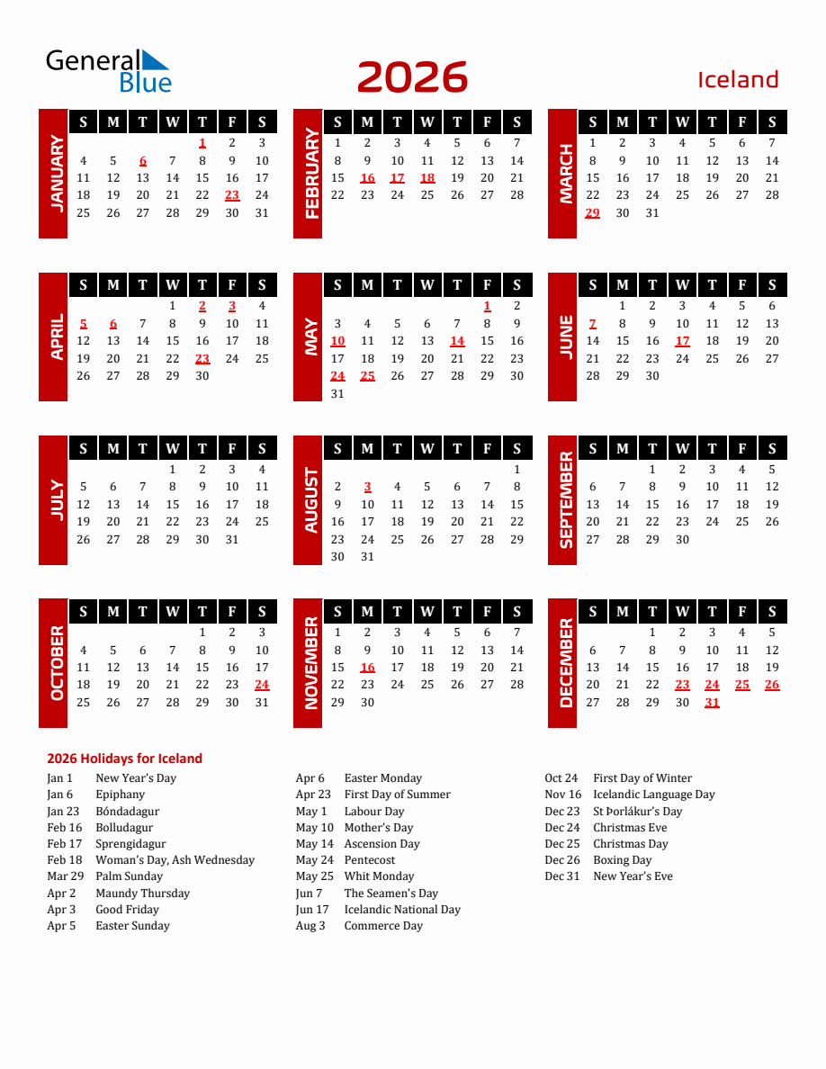 Iceland 2026 Yearly Calendar Downloadable
