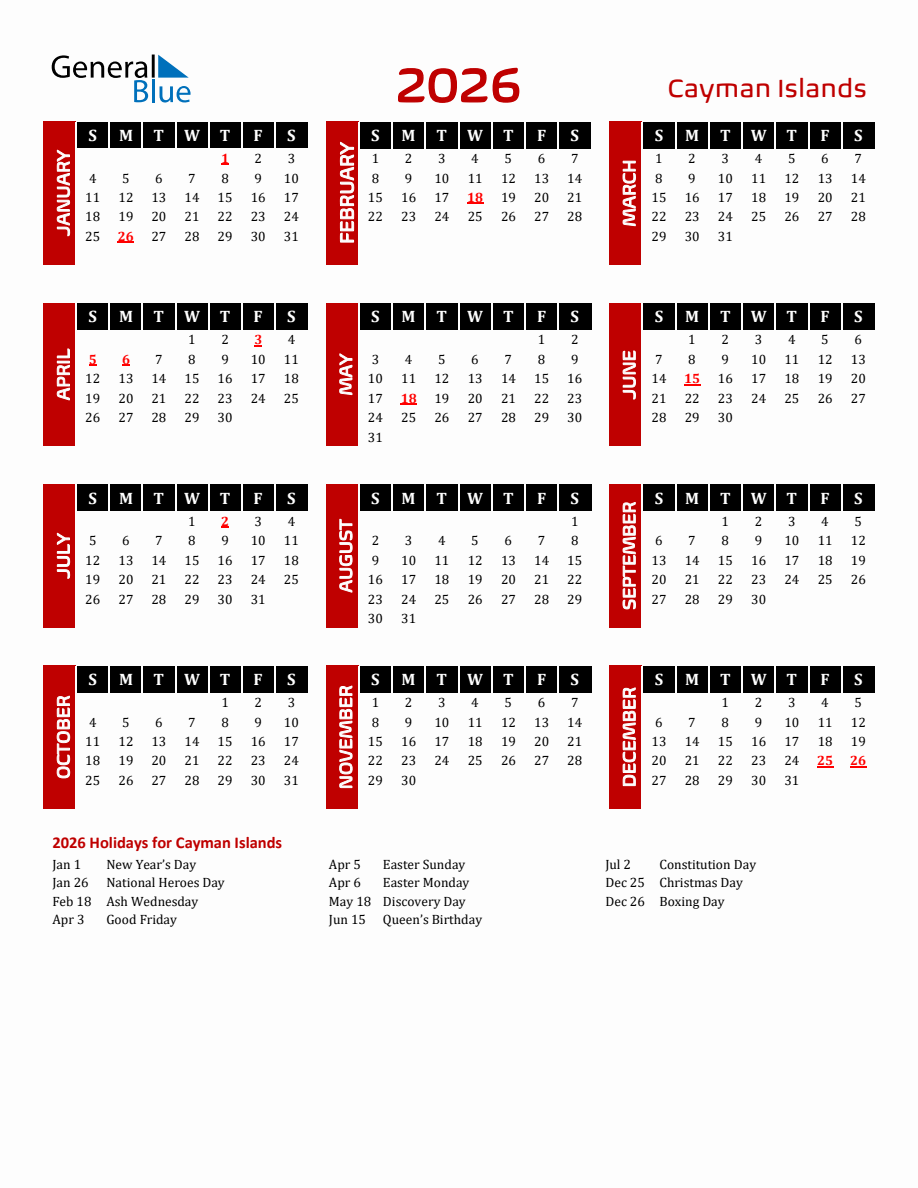 Cayman Islands 2026 Yearly Calendar Downloadable