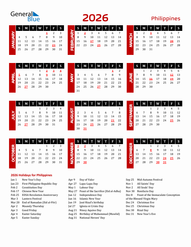 2026 Philippines Calendar With Holidays 2026 Philippines Calendar With Holidays