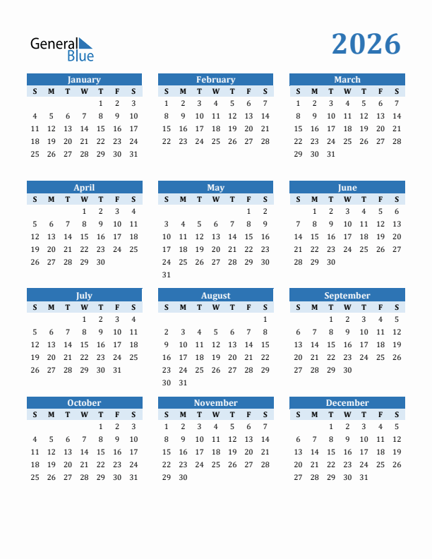 2026 Yearly Calendar