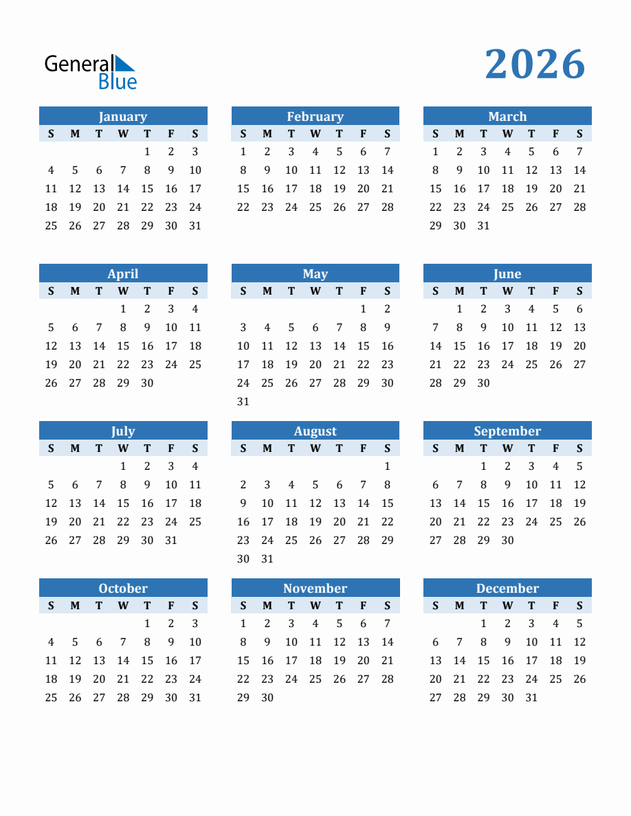 Free 2026 Year Calendar in PDF, Word, and Excel