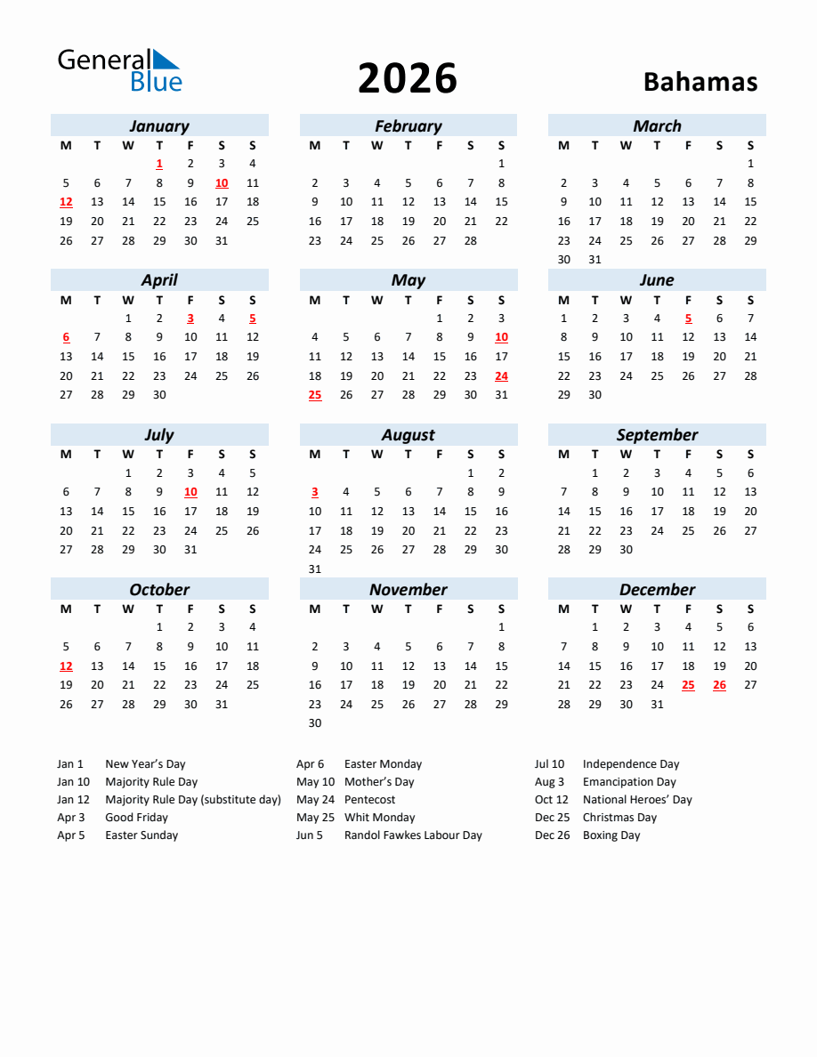 2026 Yearly Calendar for Bahamas with Holidays - Monday Start