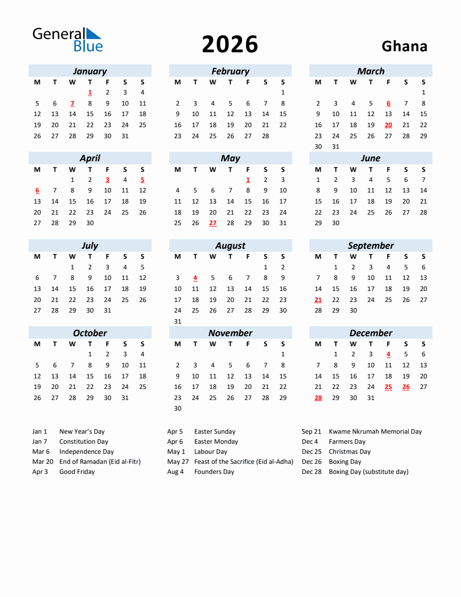 2026 Yearly Calendar for Ghana with Holidays - Monday Start