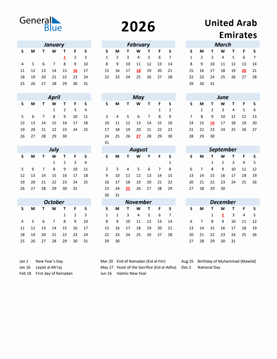 2026 Yearly Calendar for United Arab Emirates with Holidays