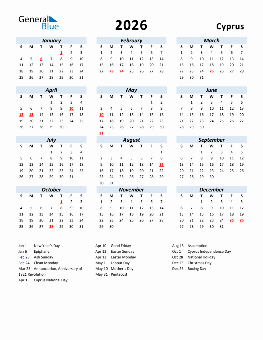 2026 Yearly Calendar for Cyprus with Holidays