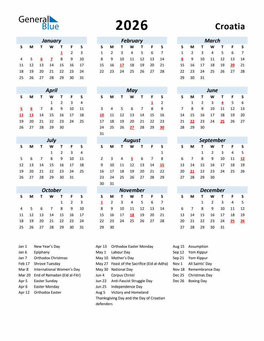 2026 Yearly Calendar for Croatia with Holidays