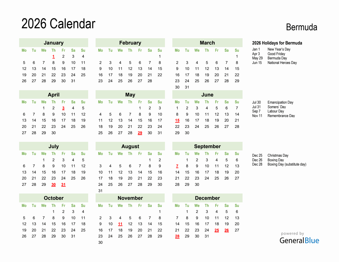 Holiday Calendar 2026 for Bermuda - Monday Start