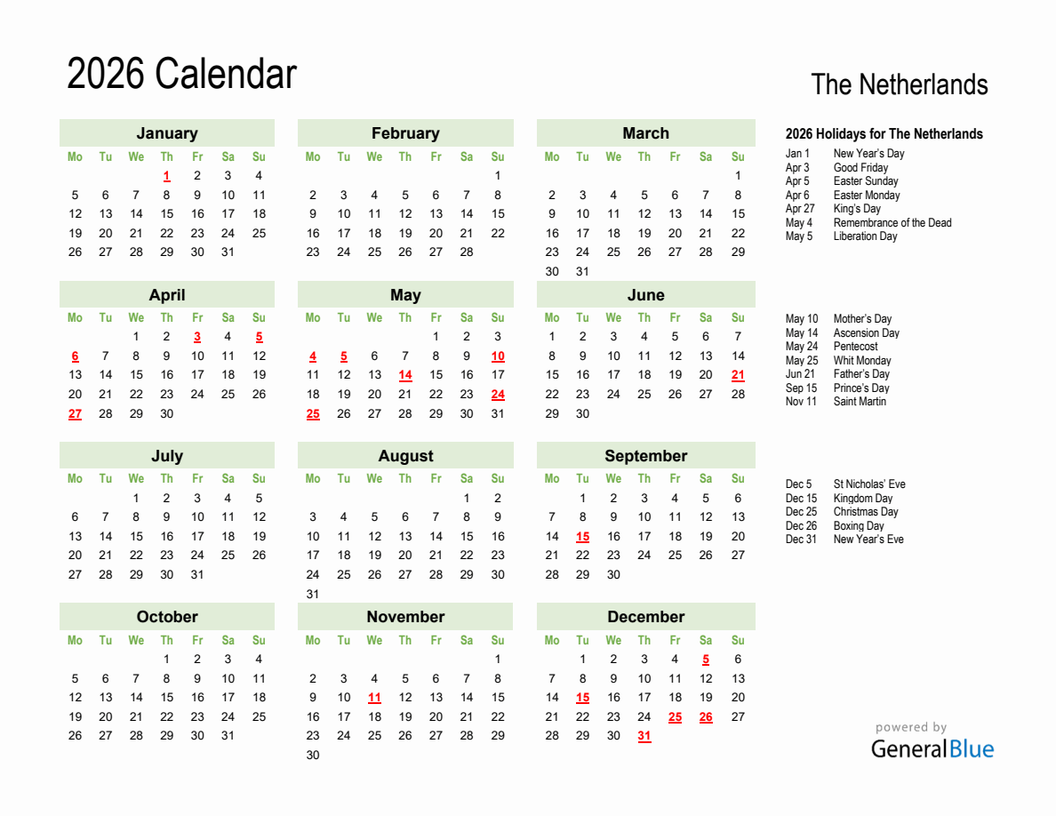 Holiday Calendar 2026 for The Netherlands - Monday Start