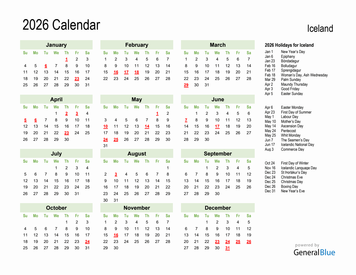 Holiday Calendar 2026 for Iceland