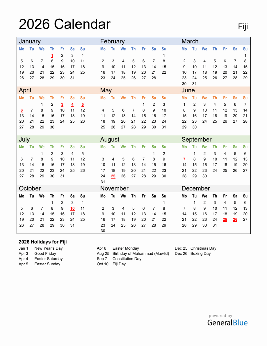 Annual Calendar 2026 with Fiji Holidays - Monday Start