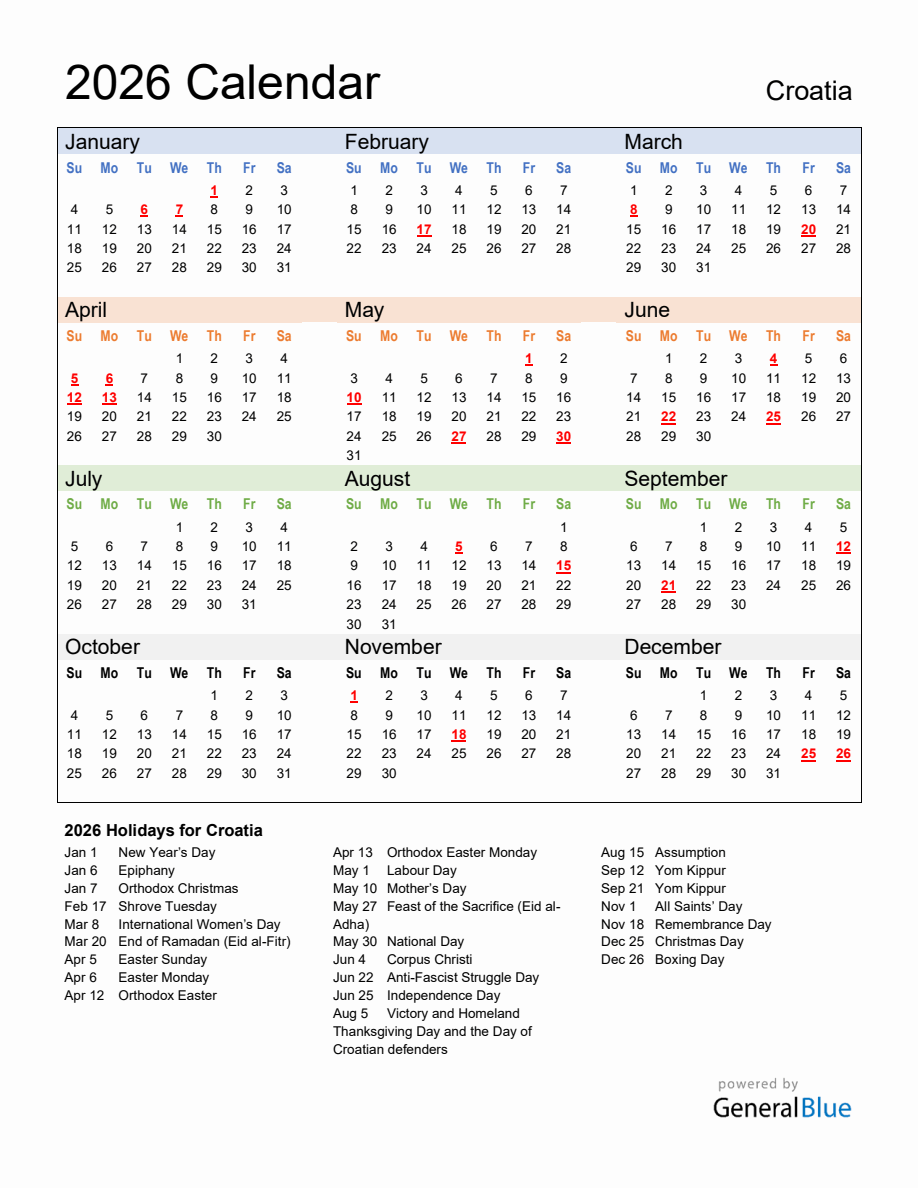Annual Calendar 2026 with Croatia Holidays