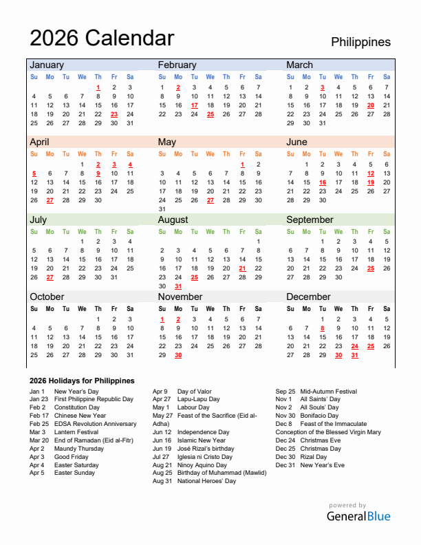 Philippines 2026 Calendar With Holidays Philippines 2026 Calendar With Holidays