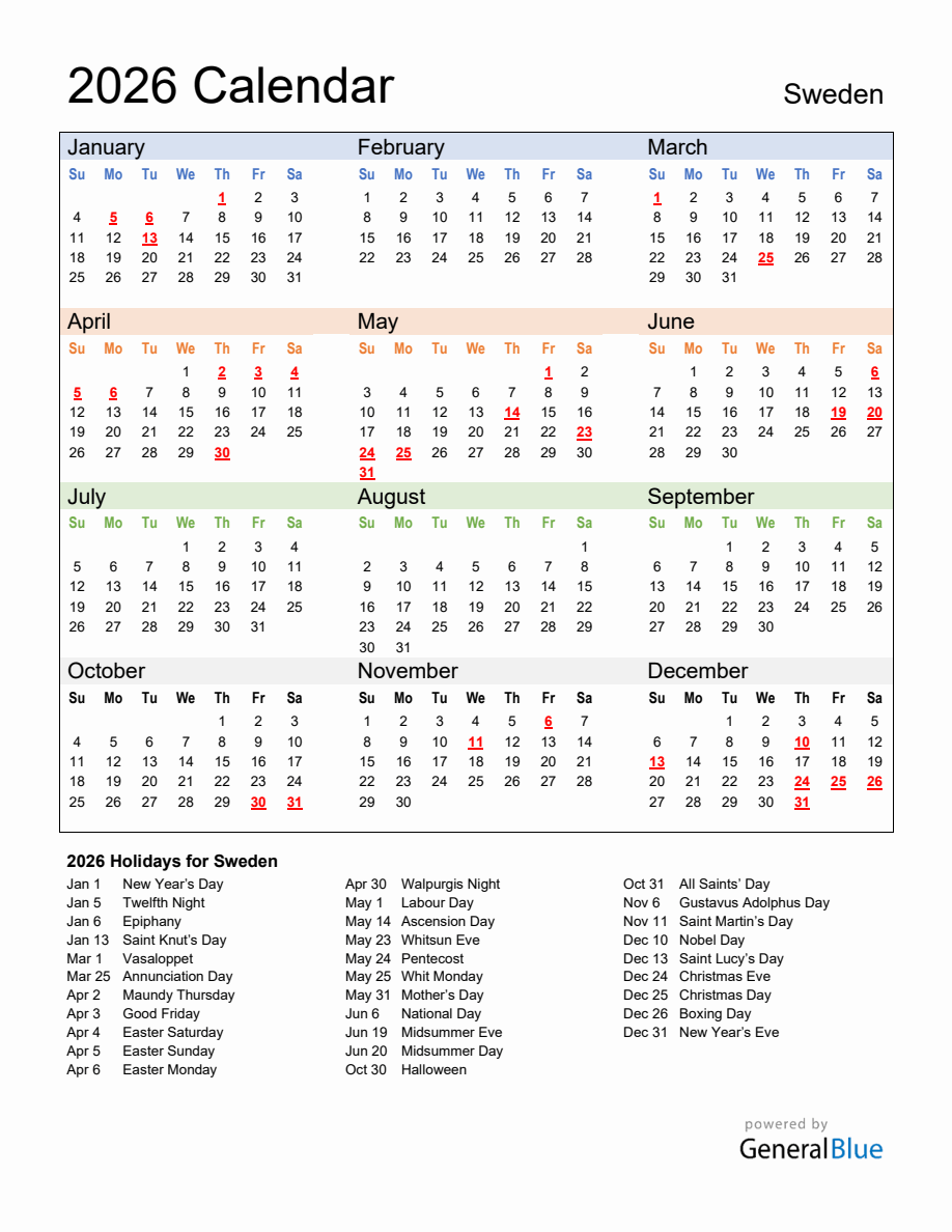 Annual Calendar 2026 with Sweden Holidays