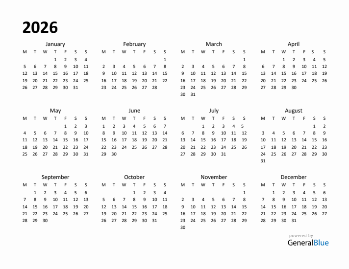 2026 Yearly Calendar Templates With Monday Start 2026 Yearly Calendar Templates With Monday Start