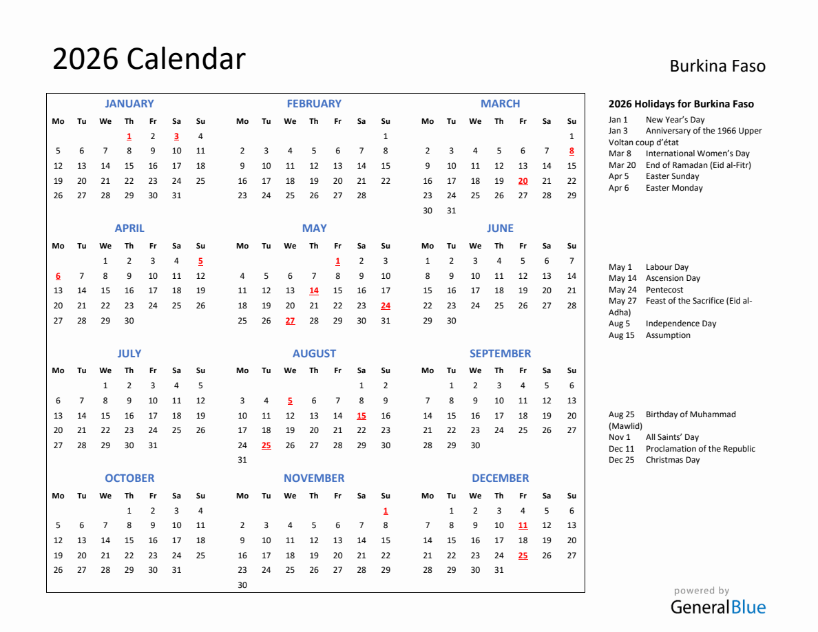 2026 Calendar with Holidays for Burkina Faso - Monday Start