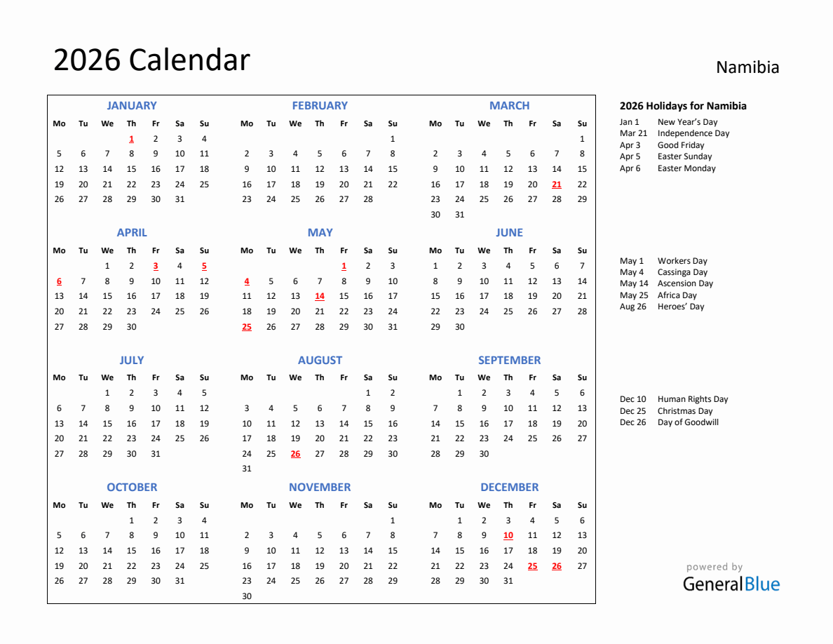2026 Calendar with Holidays for Namibia - Monday Start