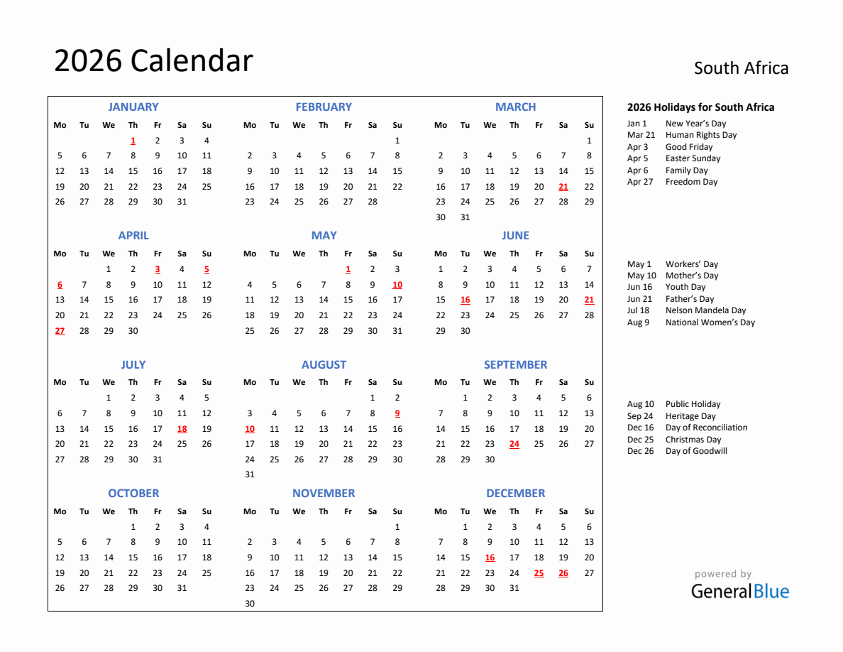 2026 Calendar with Holidays for South Africa - Monday Start