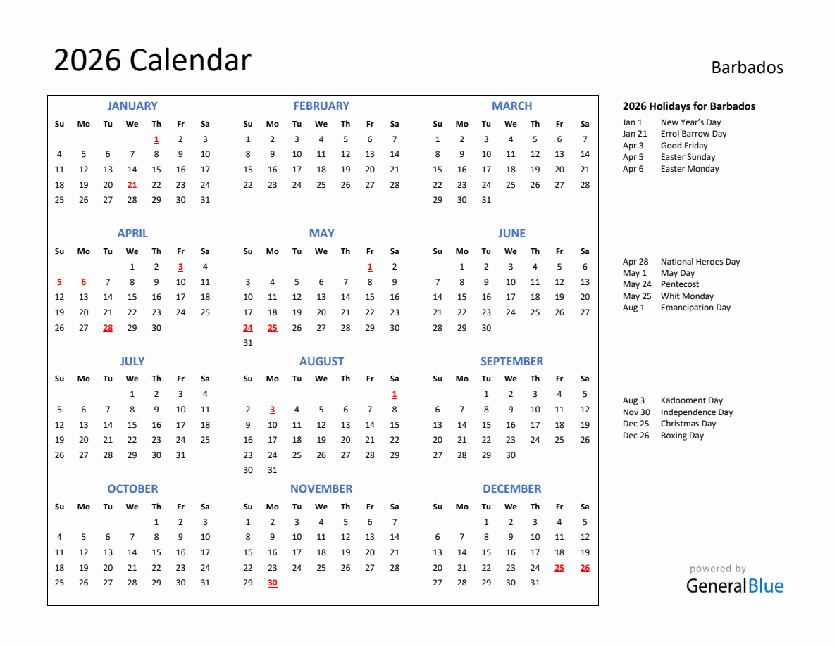 2026 Calendar with Holidays for Barbados