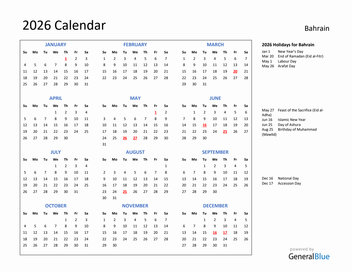 2026 Calendar with Holidays for Bahrain