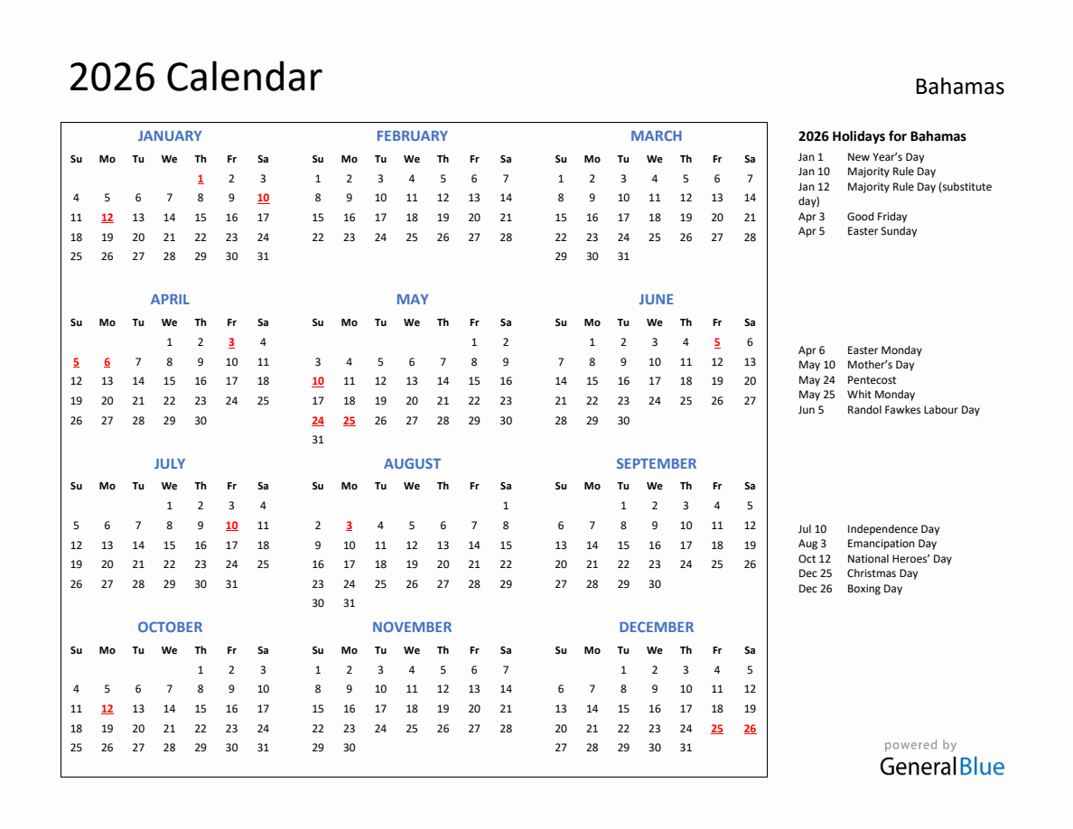 2026 Calendar with Holidays for Bahamas