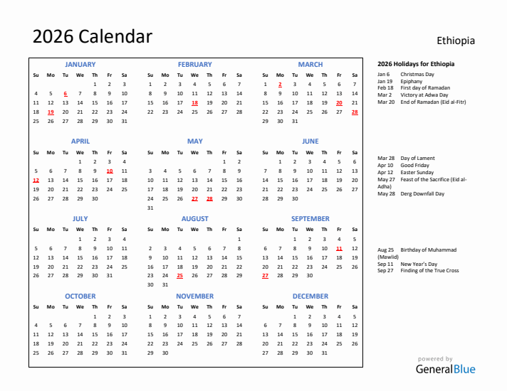 2026 Ethiopia Calendar With Holidays 2026 Ethiopia Calendar With Holidays