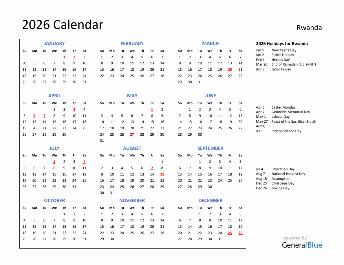 2026 Calendar with Holidays for Rwanda