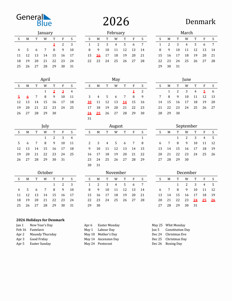 Free Denmark Holidays Calendar for Year 2026